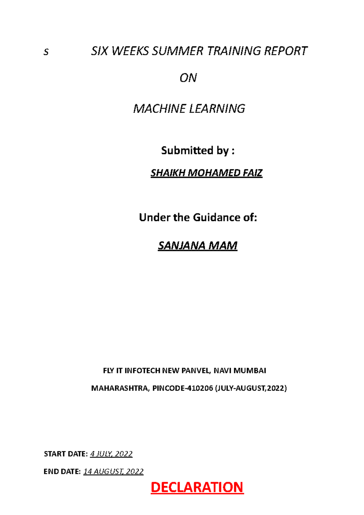 Faiz format for machine learning - s SIX WEEKS SUMMER TRAINING REPORT ON MACHINE LEARNING ...