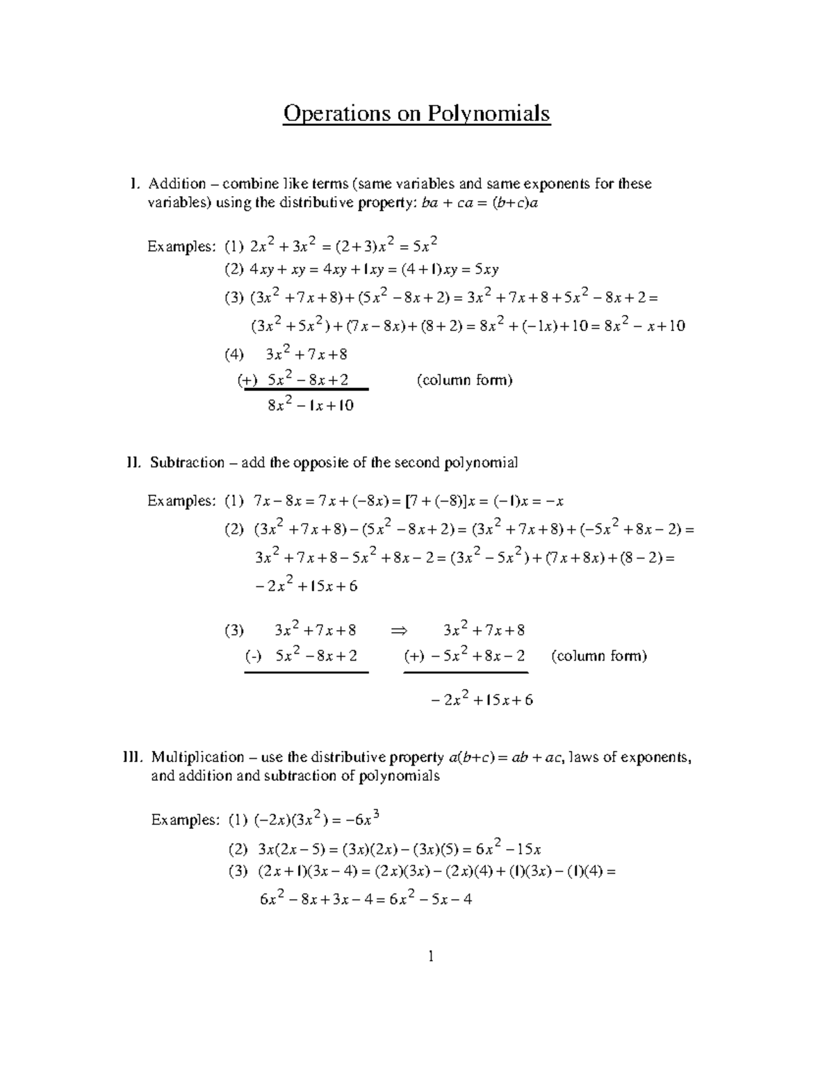 Algebra- Operations on Polynomials Learning Module - Operations on ...