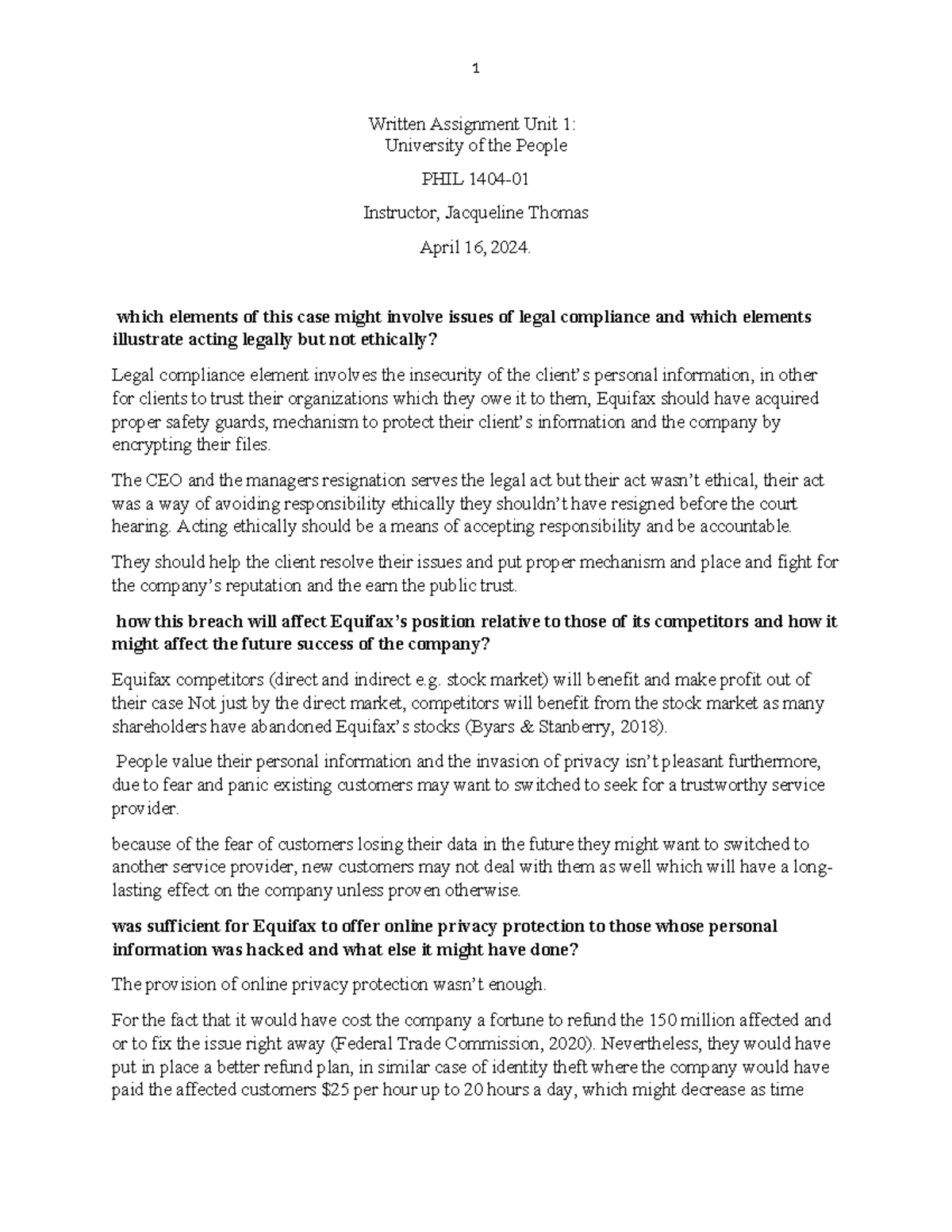 Written Assignment Unit 1 - which elements of this case might involve issues of legal compliance ...