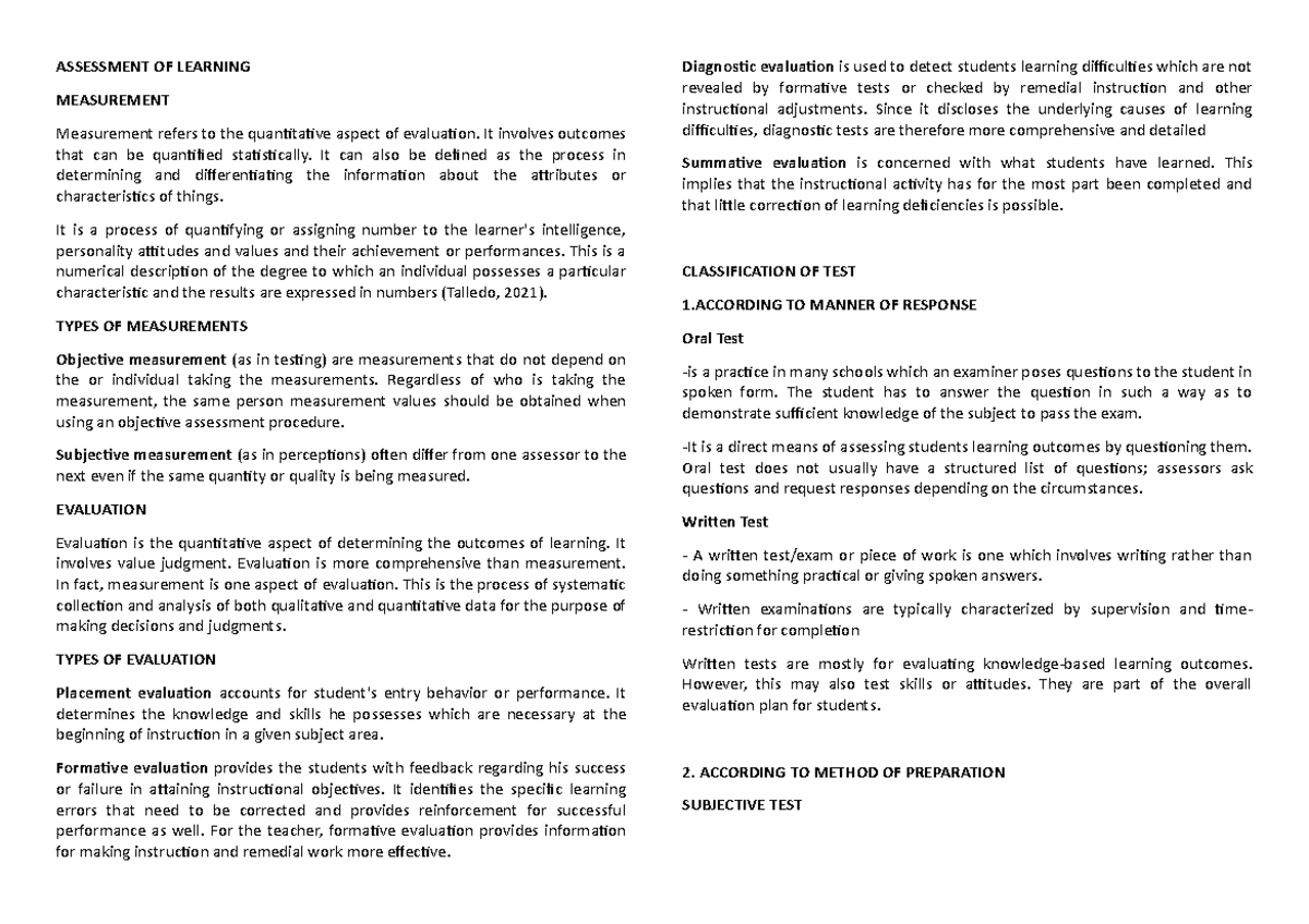 Measurement & Evaluation, Classification OF Tests - ASSESSMENT OF ...