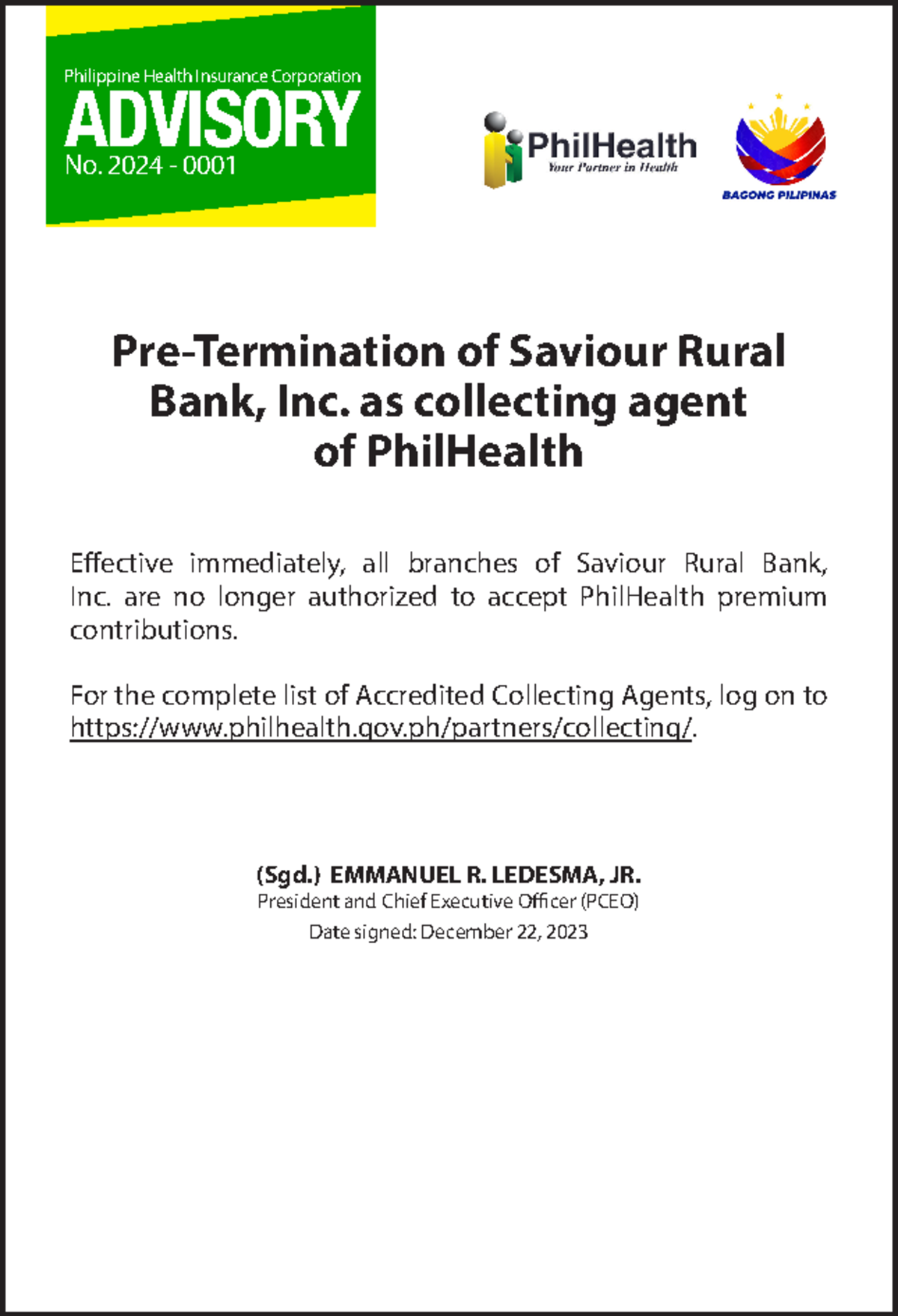 PA2024-0001 - Philippine Health Insurance Corporation ADVISORY No. 2024 ...