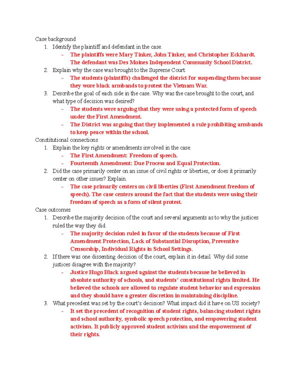 Tinker v Des Moines - Case background 1. Identify the plaintiff and ...