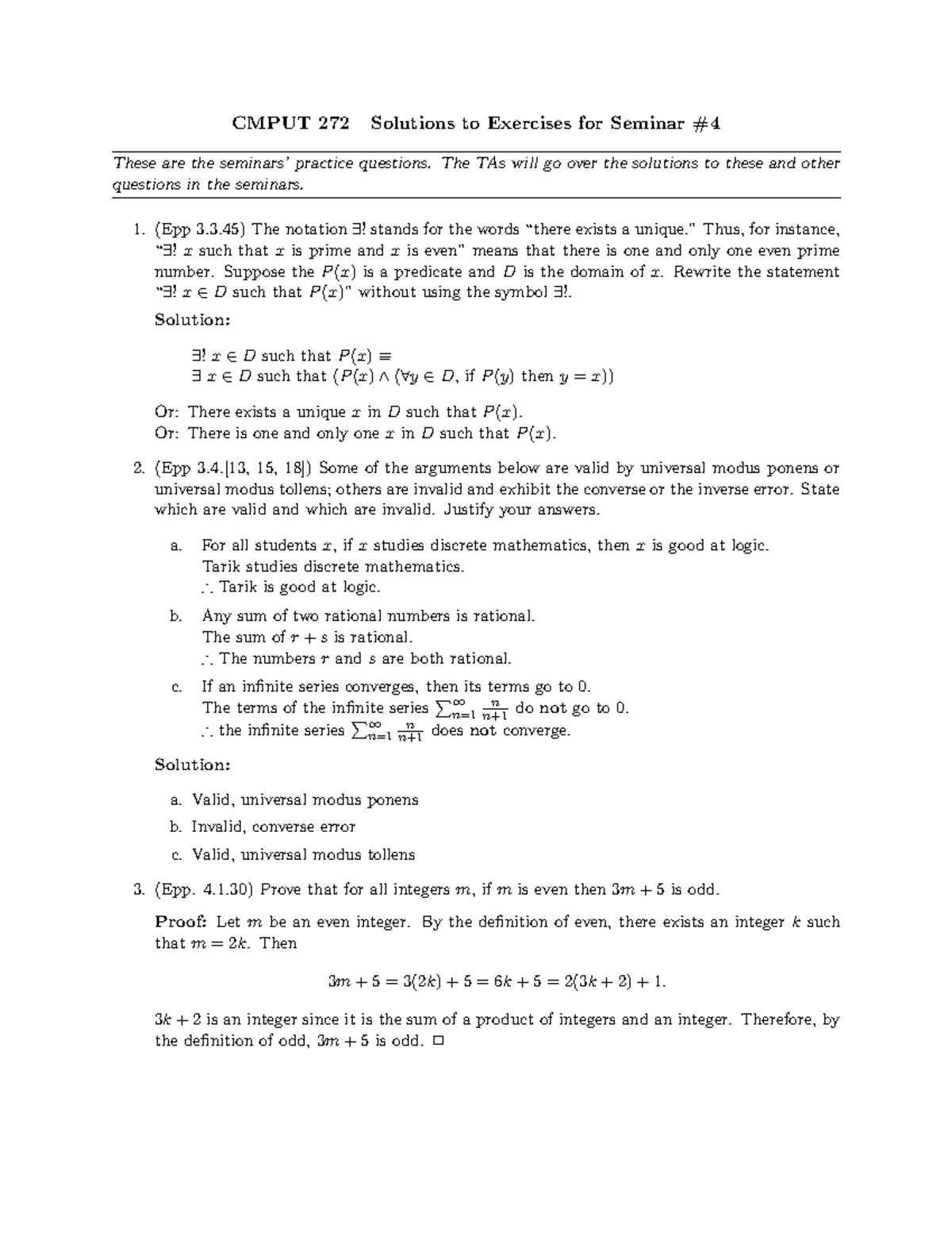 Seminar 4-sol - Practice - CMPUT 272 Solutions to Exercises for Seminar These are the seminars ...