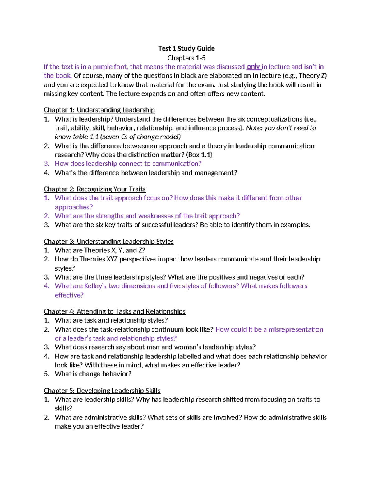 Test 1 Study Guide For Students highlighted(1) - Test 1 Study Guide ...