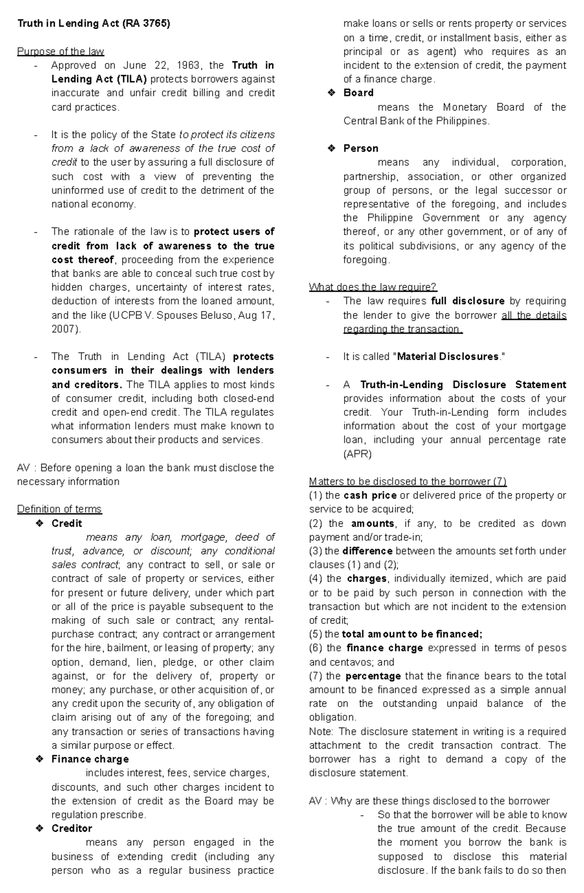 Truth in Lending Act RA 3765 - Truth in Lending Act (RA 3765) Purpose ...