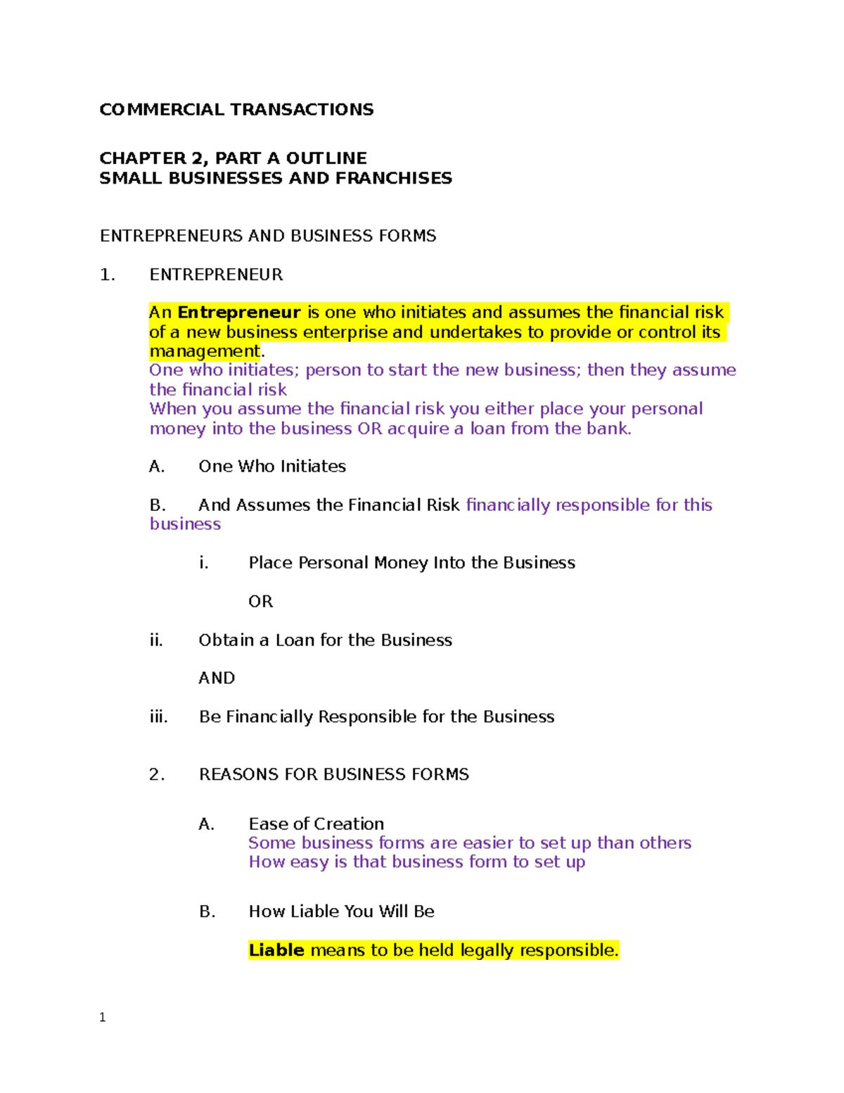 Chapter 2 Part A Outline Comm Trans - COMMERCIAL TRANSACTIONS CHAPTER 2 ...