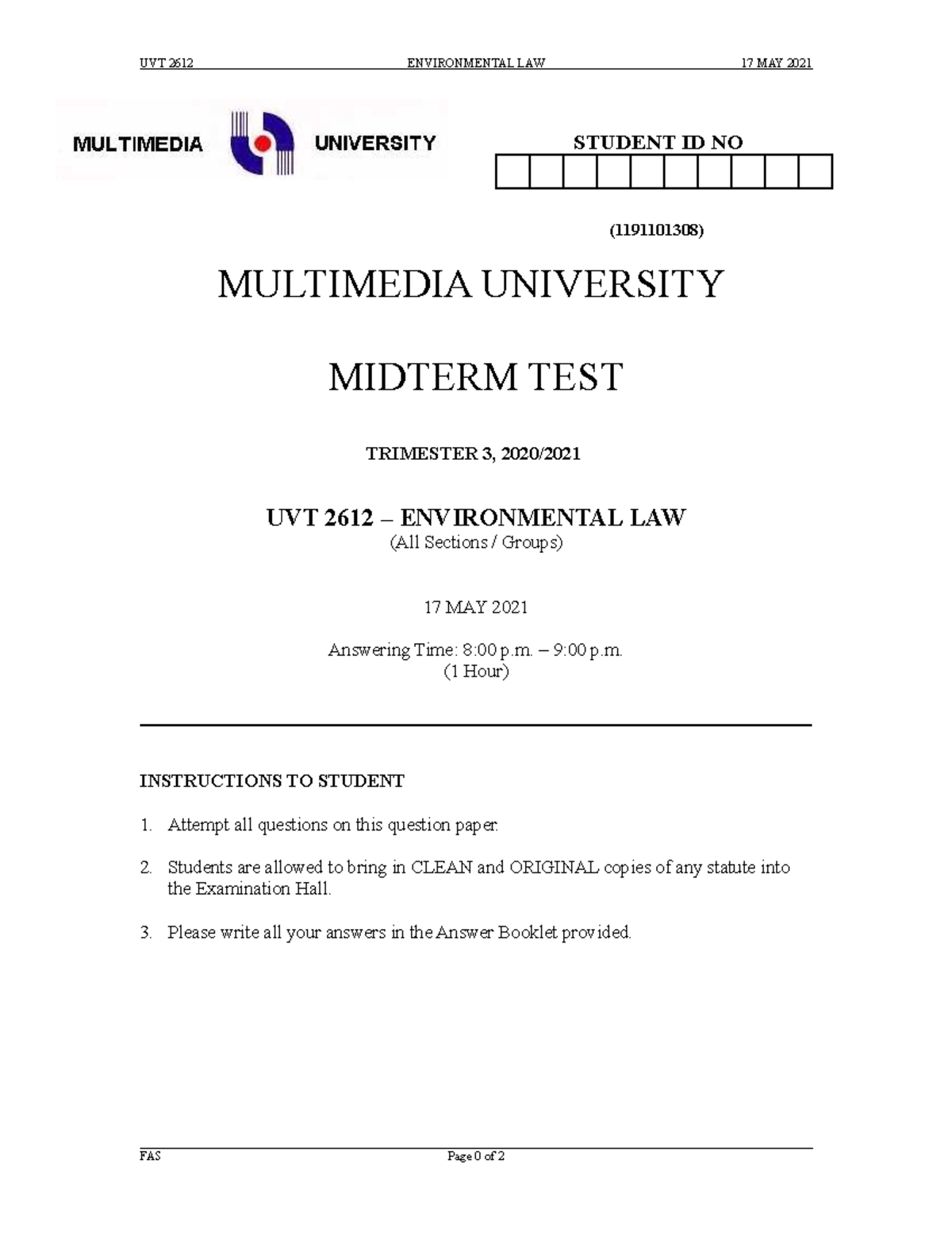 Midterm Ques - (1191101308) MULTIMEDIA UNIVERSITY MIDTERM TEST ...
