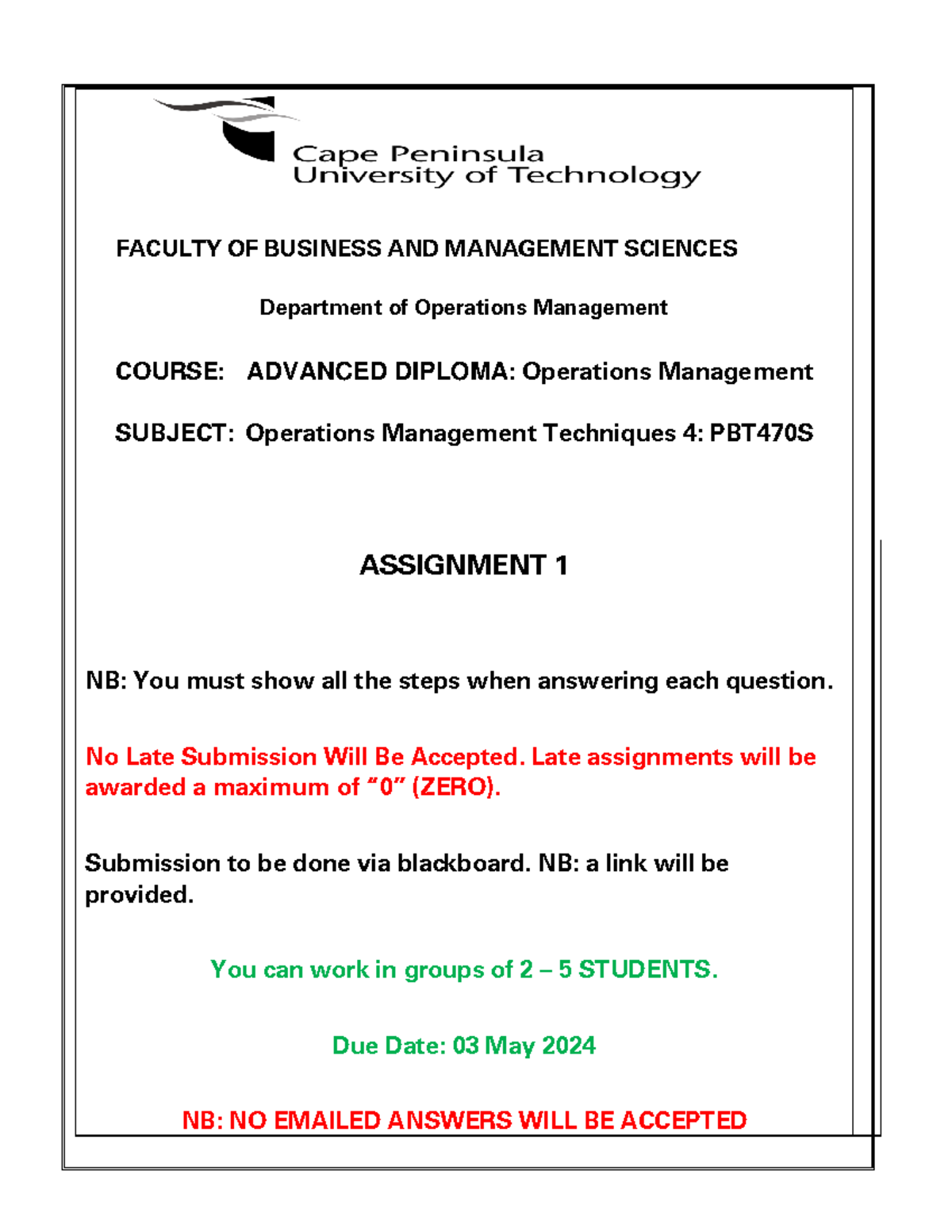 Assignment 1 - FACULTY OF BUSINESS AND MANAGEMENT SCIENCES Department ...