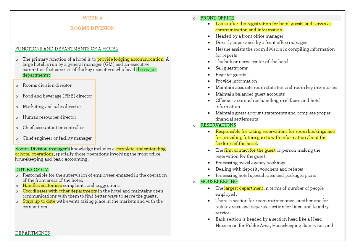 RDCC prelim - Lecture notes - WEEK 2 ROOMS DIVISION FUNCTIONS AND ...
