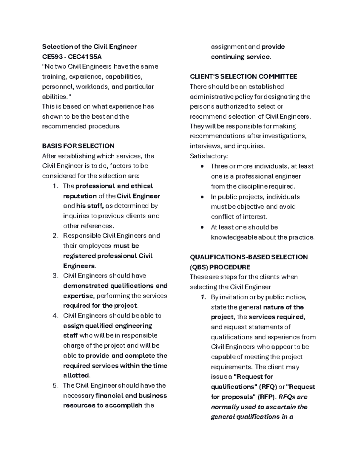 The Selection of the Civil Engineer Handout - Selection of the Civil ...