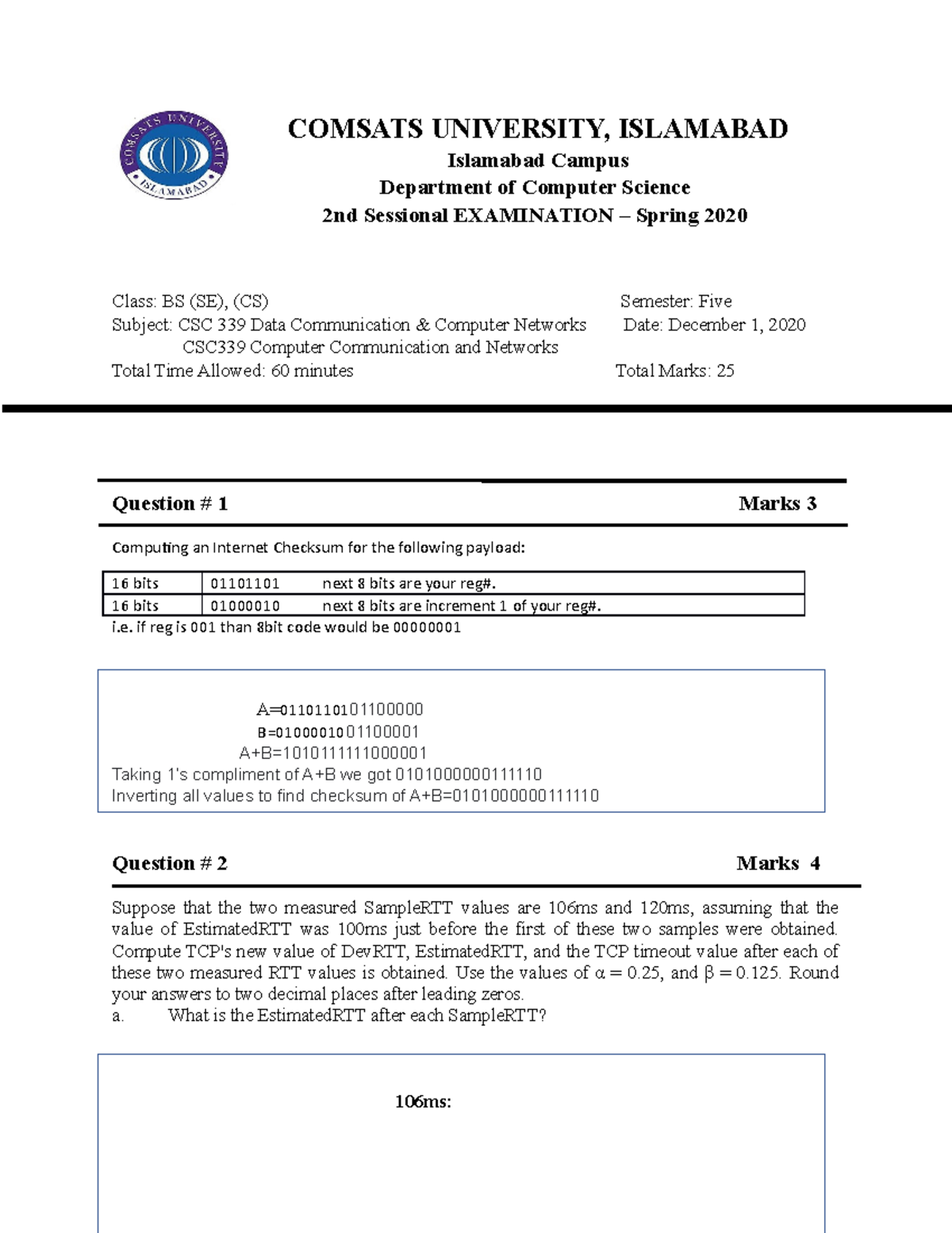 Fa18-dccn - Final Paper - COMSATS UNIVERSITY, ISLAMABAD Islamabad ...
