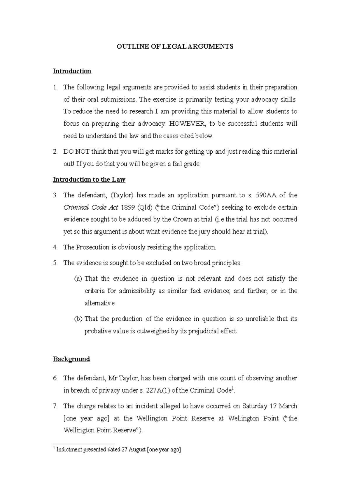 Evidence - Outline of Arguments - OUTLINE OF LEGAL ARGUMENTS ...