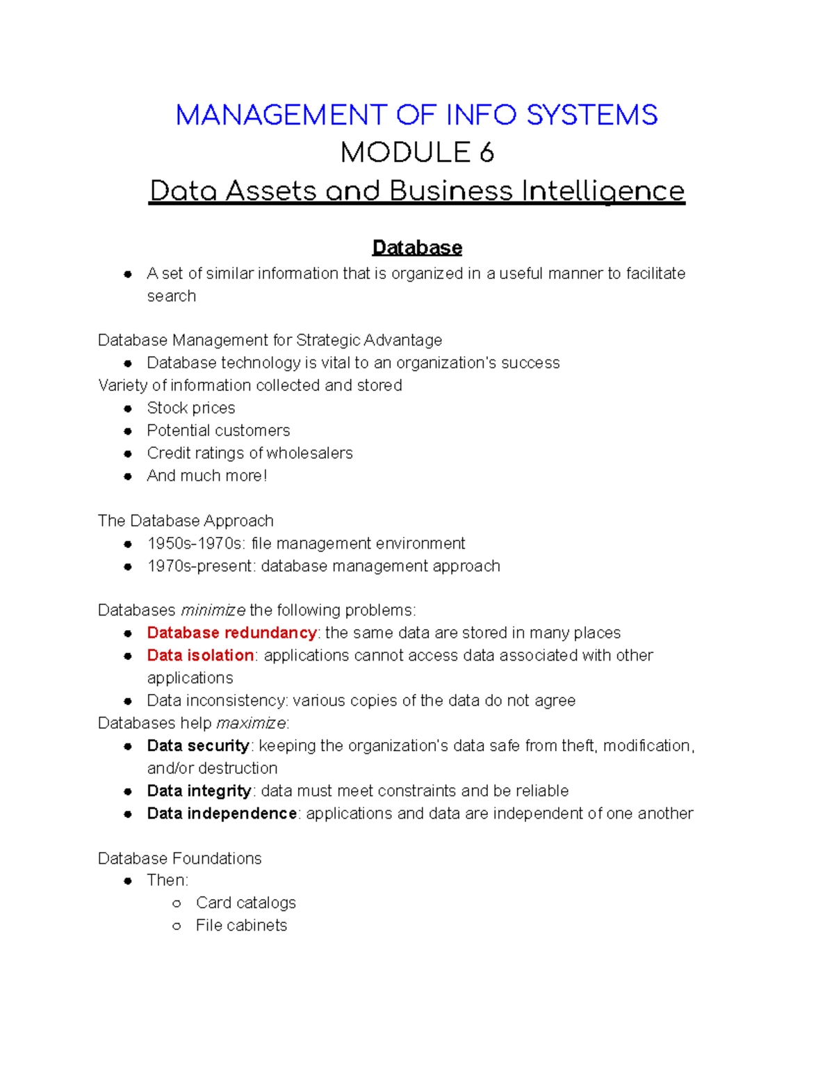 MGT INFO SYS MOD 6 - Lecture notes Module 6 - MANAGEMENT OF INFO ...