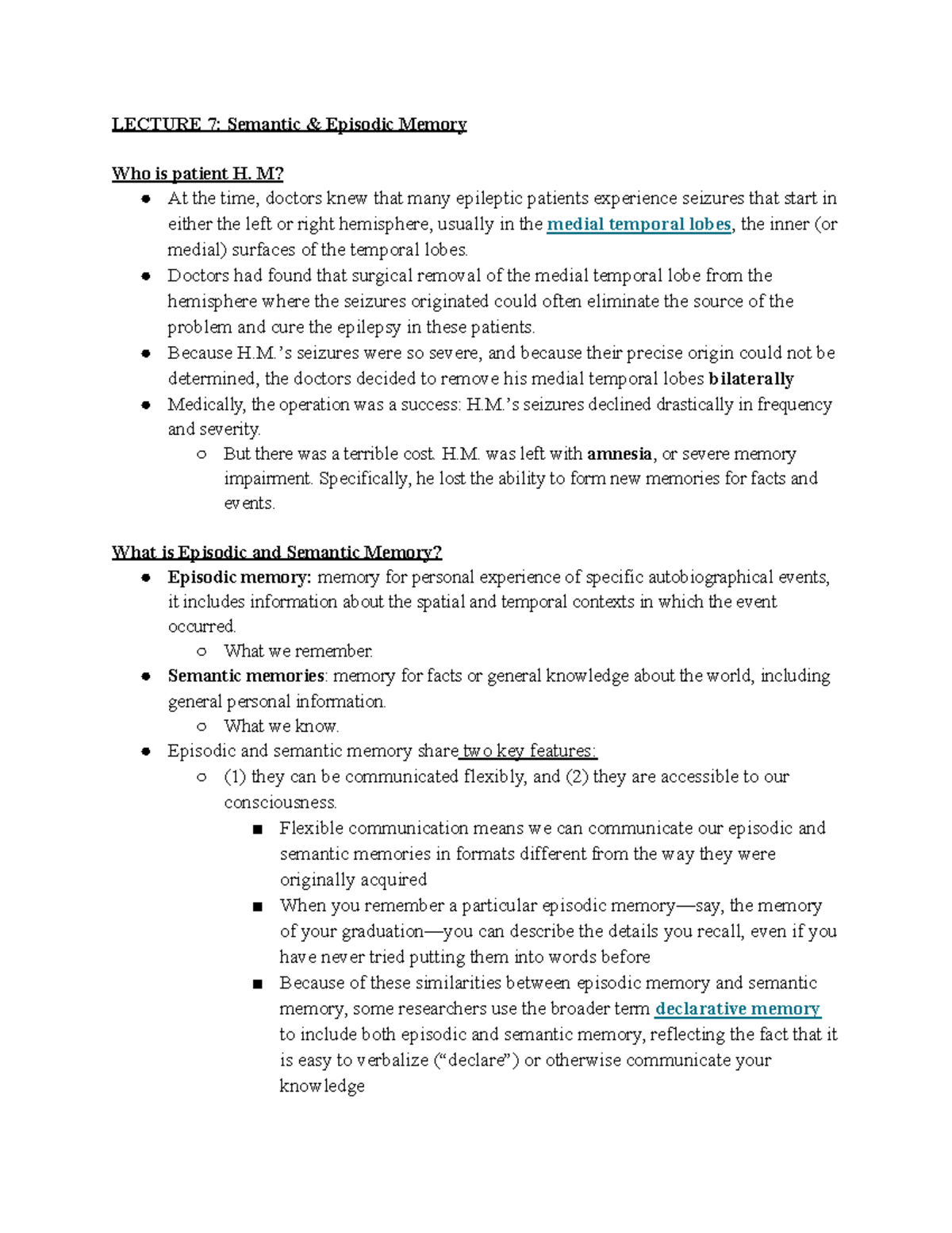 Psy260 final notes - LECTURE 7: Semantic & Episodic Memory Who is ...