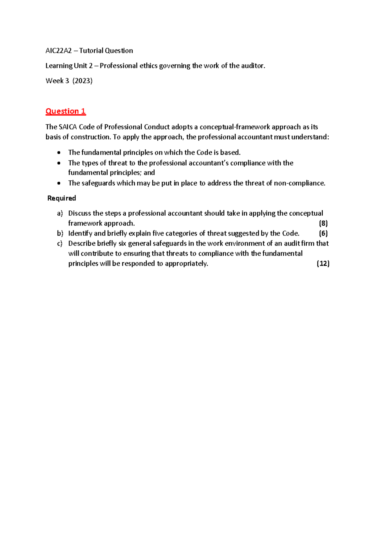 22648277 - Learning material - AIC22A2 – Tutorial Question Learning Unit 2 – Professional ethics ...