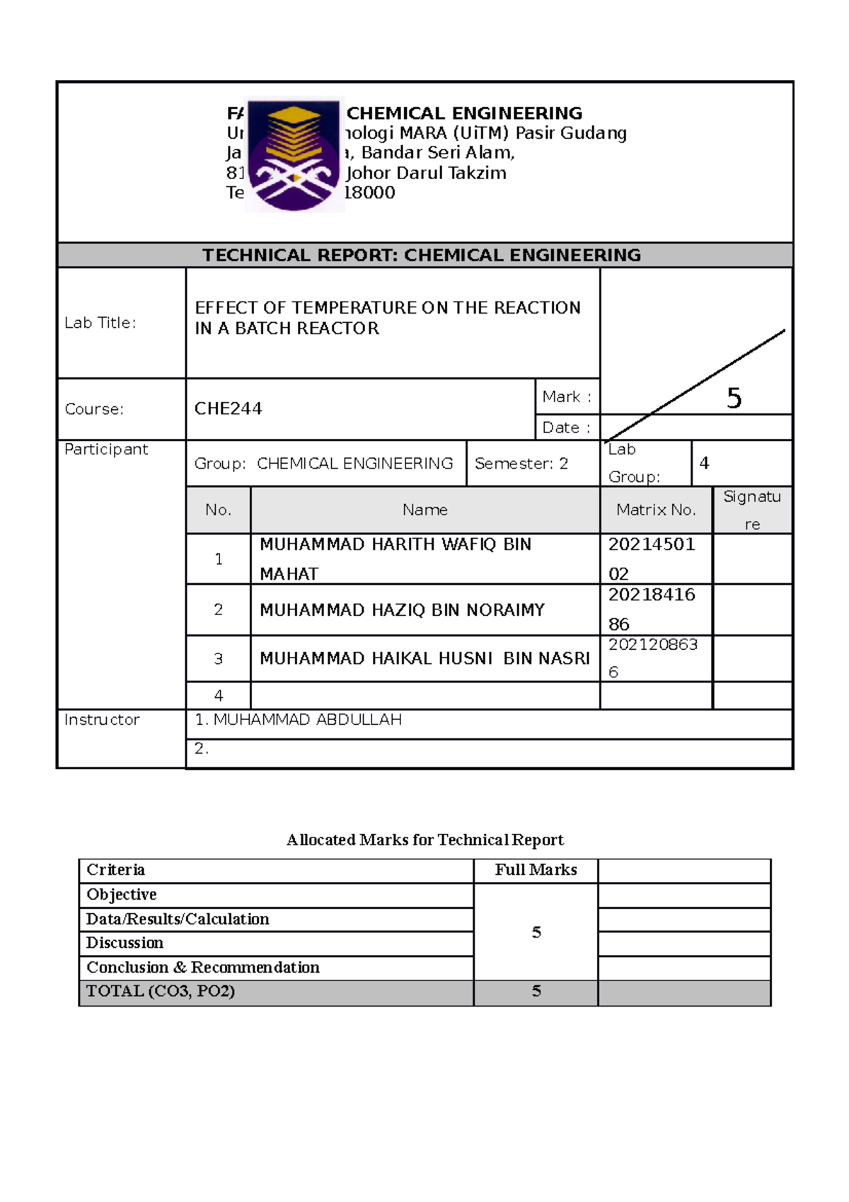 Lab report batch reactor effec of temperature - FACULTY OF CHEMICAL ...