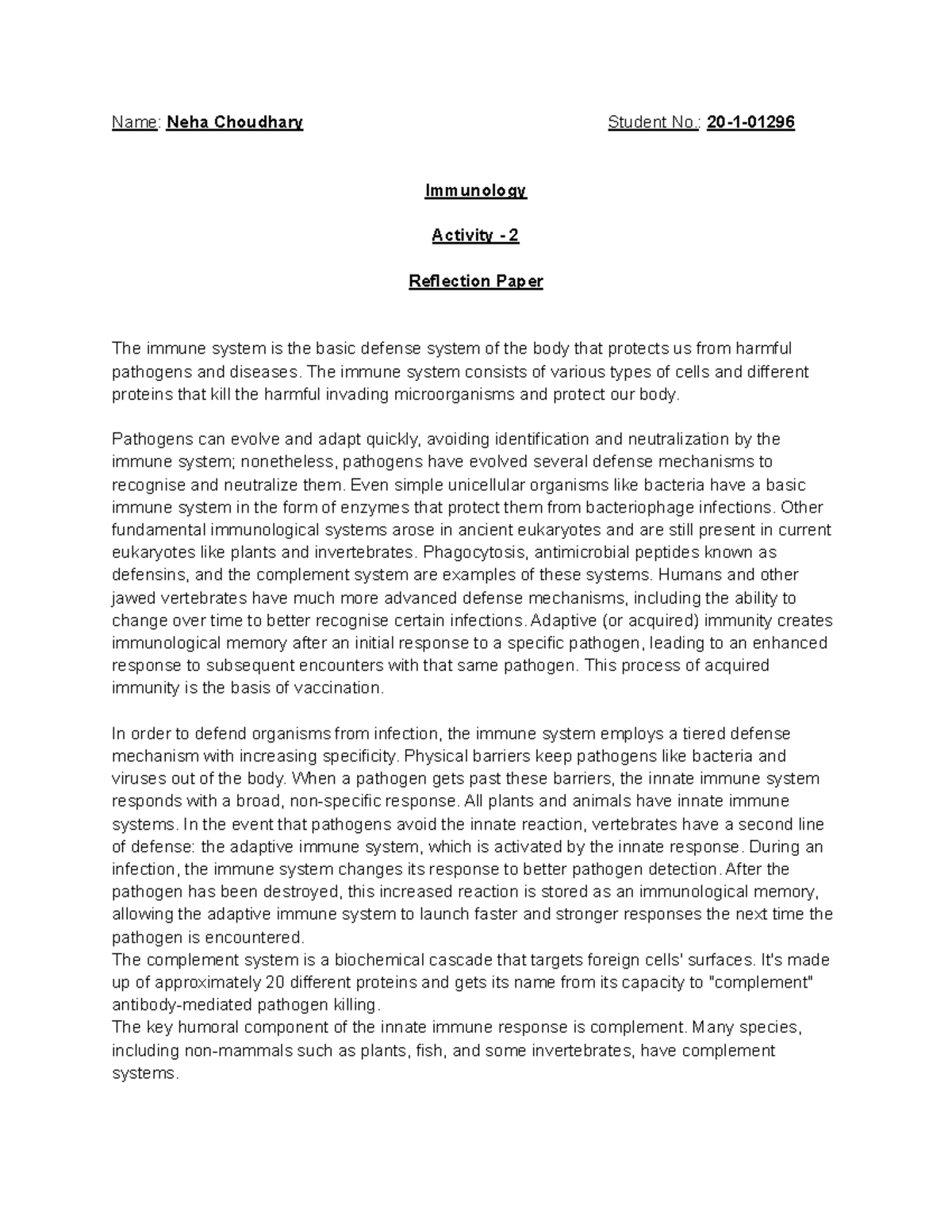 Activity 2: Reflection Paper - Name: Neha Choudhary Student No.: 20-1 ...