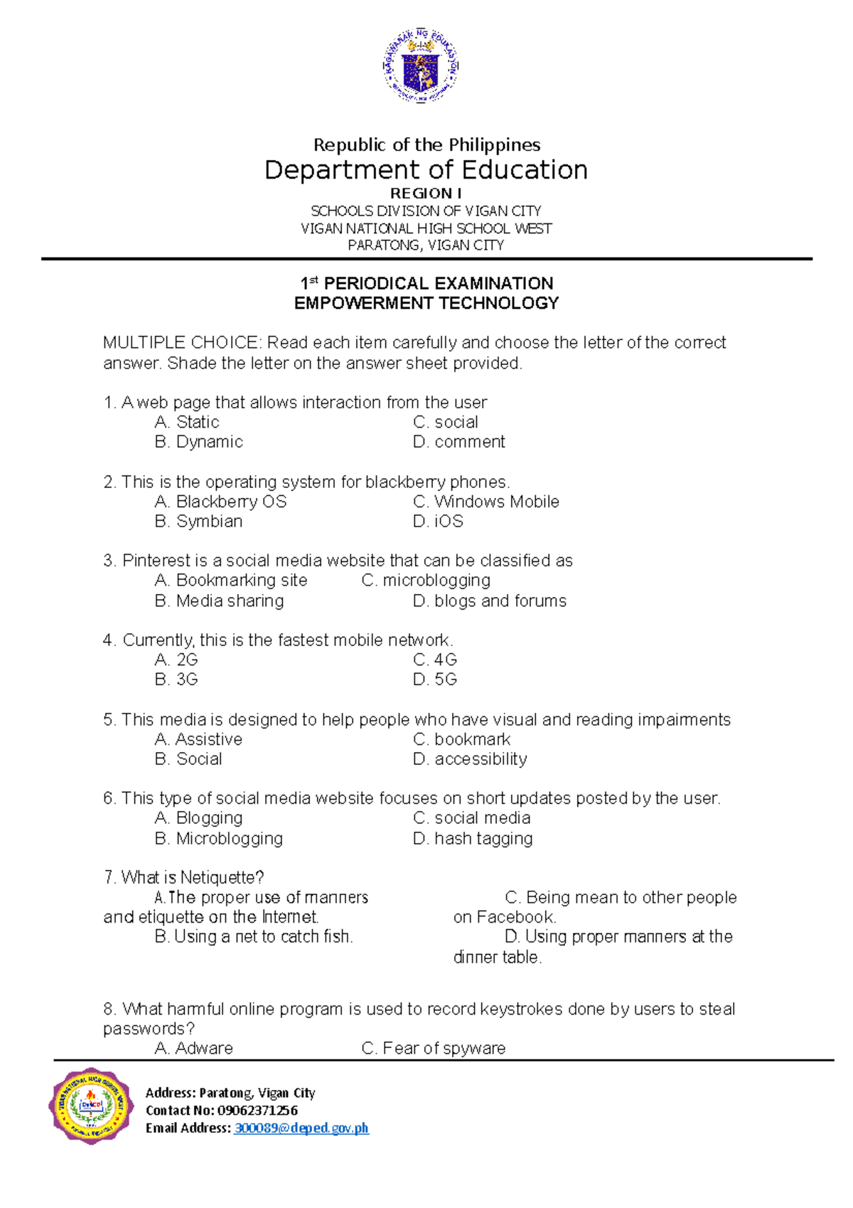 E-TECH 1ST Periodical Examination SY 2022-2023 - Republic of the ...