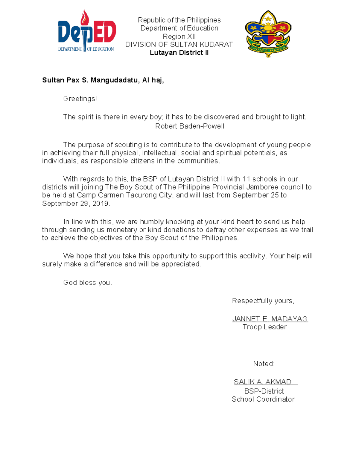 Solicitation letter boyscout - Republic of the Philippines Department ...