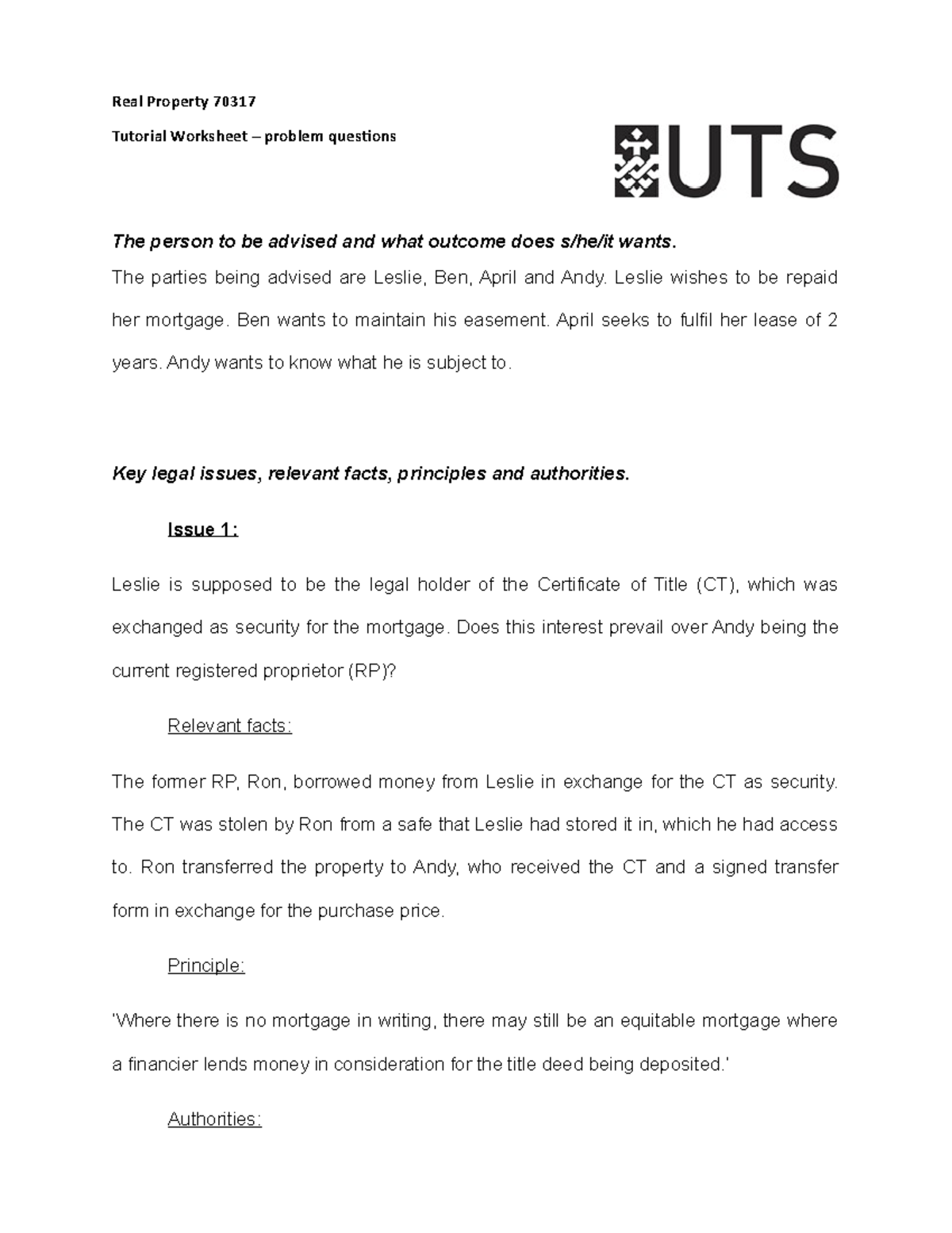 Tut Prep 2 - Torrens - Real Property 70317 Tutorial Worksheet – problem ...