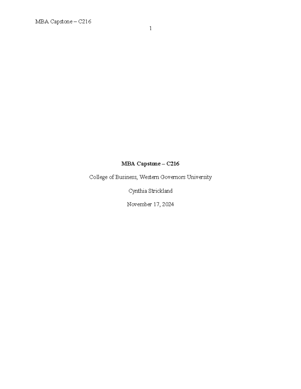 JGM2 Task 1 Business Plan Notes - 1 MBA Capstone – C College of ...