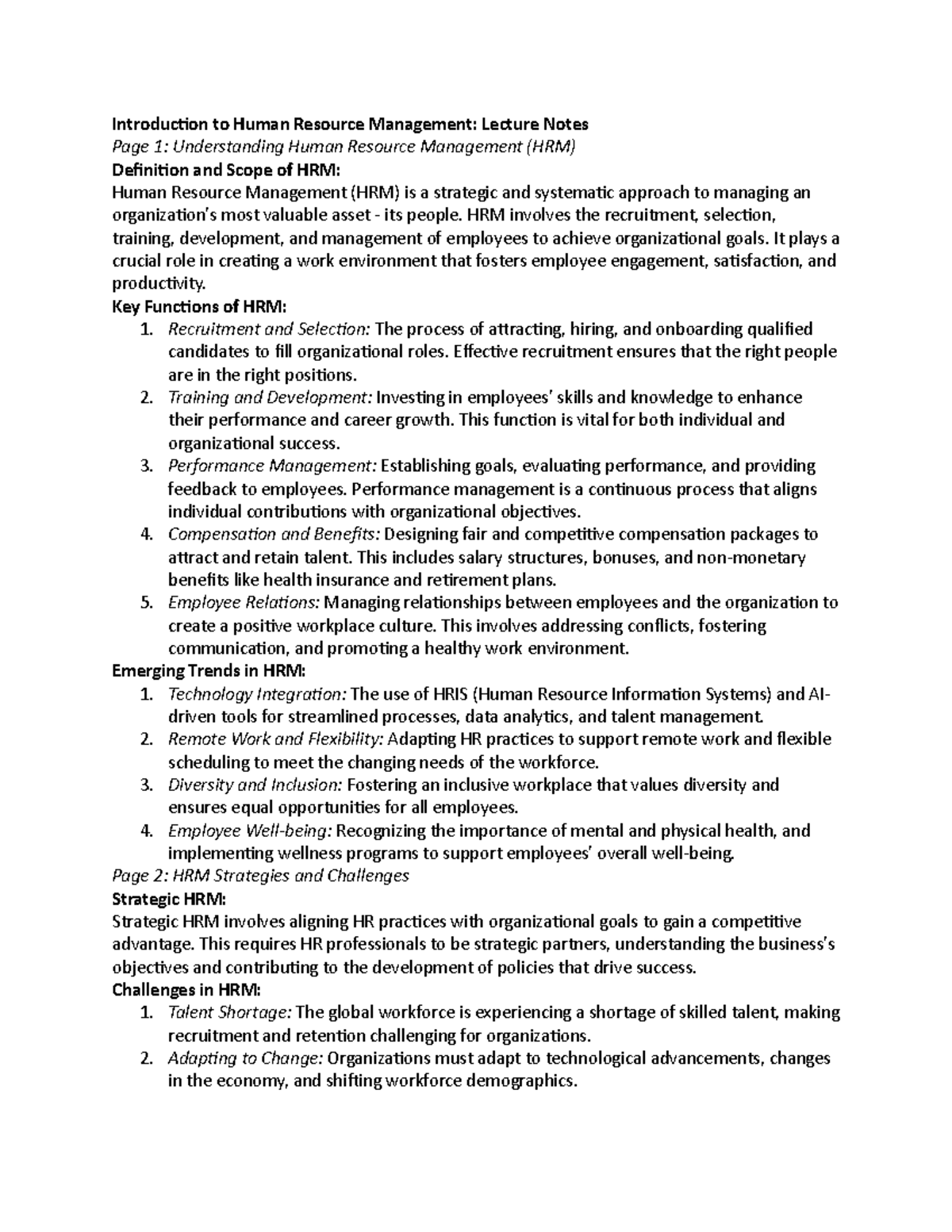 Introduction to Human Resource Management - HRM involves the ...