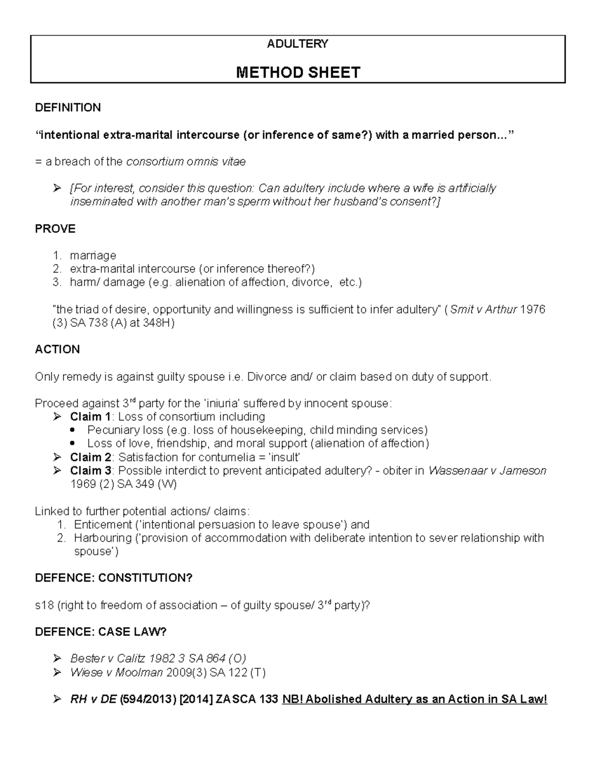 Delict B Method Sheet Adultery - ADULTERY METHOD SHEET DEFINITION ...