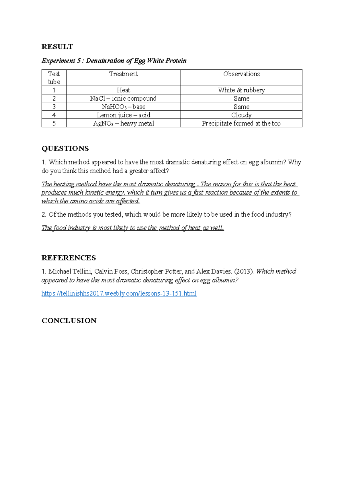 FST261 EGGS LAB Report - RESULT Experiment 5 : Denaturation of Egg ...