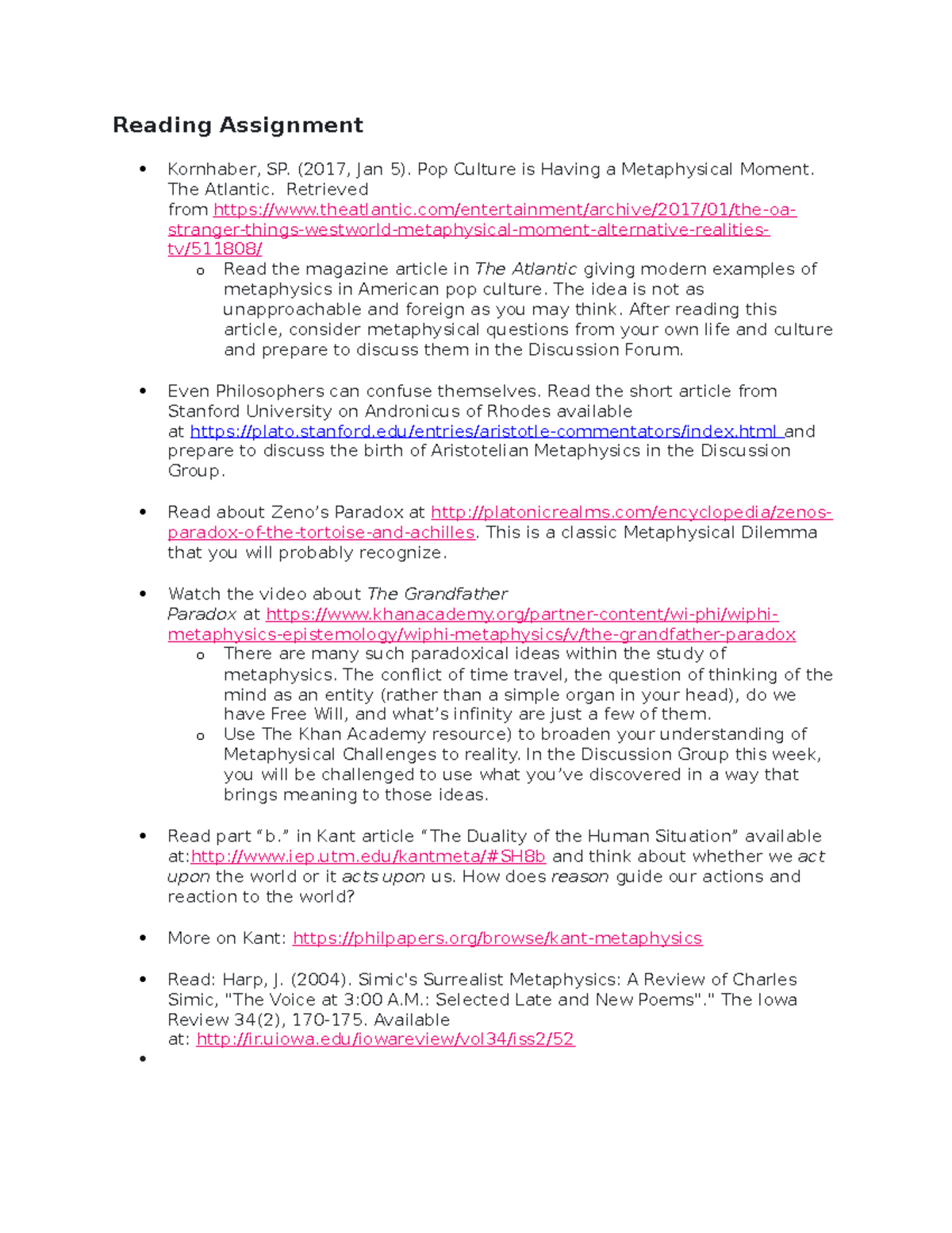 Reading Assignment PHIL 1402 Metaphysics - Reading Assignment Kornhaber ...