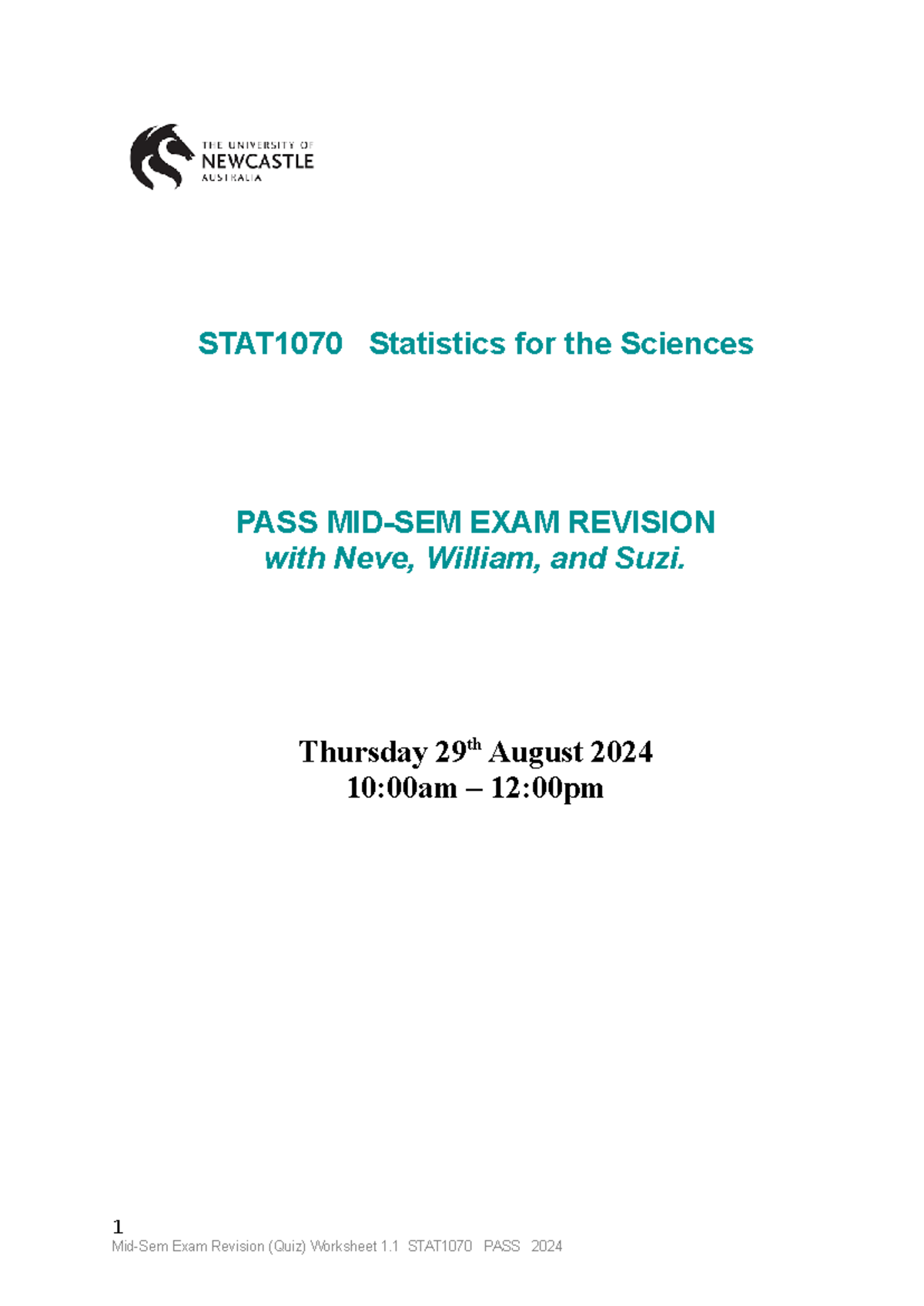 MID+SEM+ Revision+ Session+ Student+ Worksheet - STAT1070 Statistics for the Sciences PASS MID ...