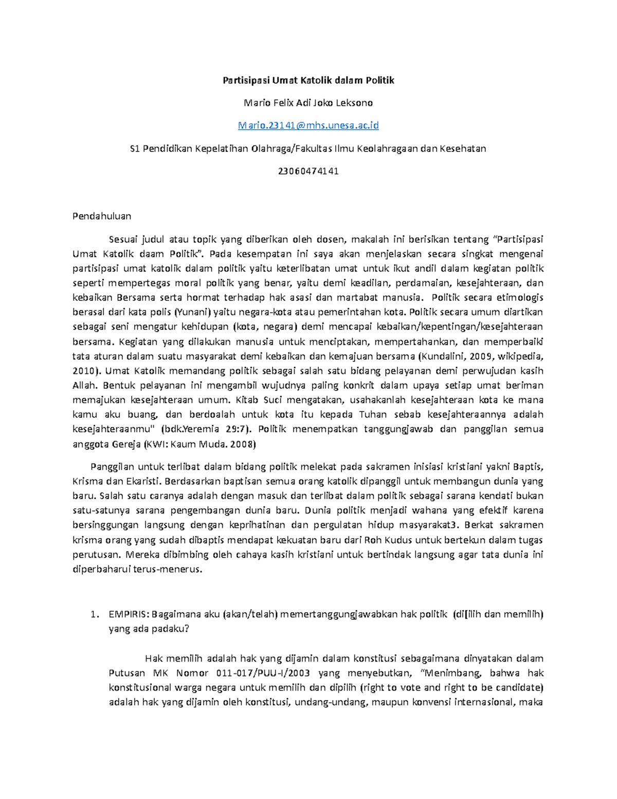 Tugas 3 Mario Felix A. j. L (141) 2023 E - Partisipasi Umat Katolik ...