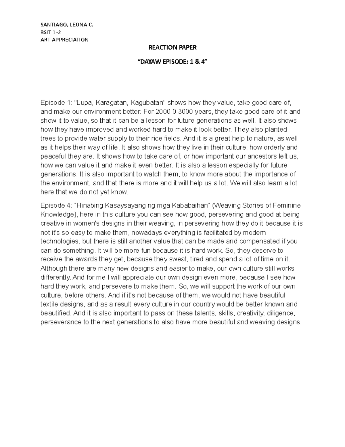 Reaction Paper - Many to mention - SANTIAGO, LEONA C. BSIT 1- ART ...