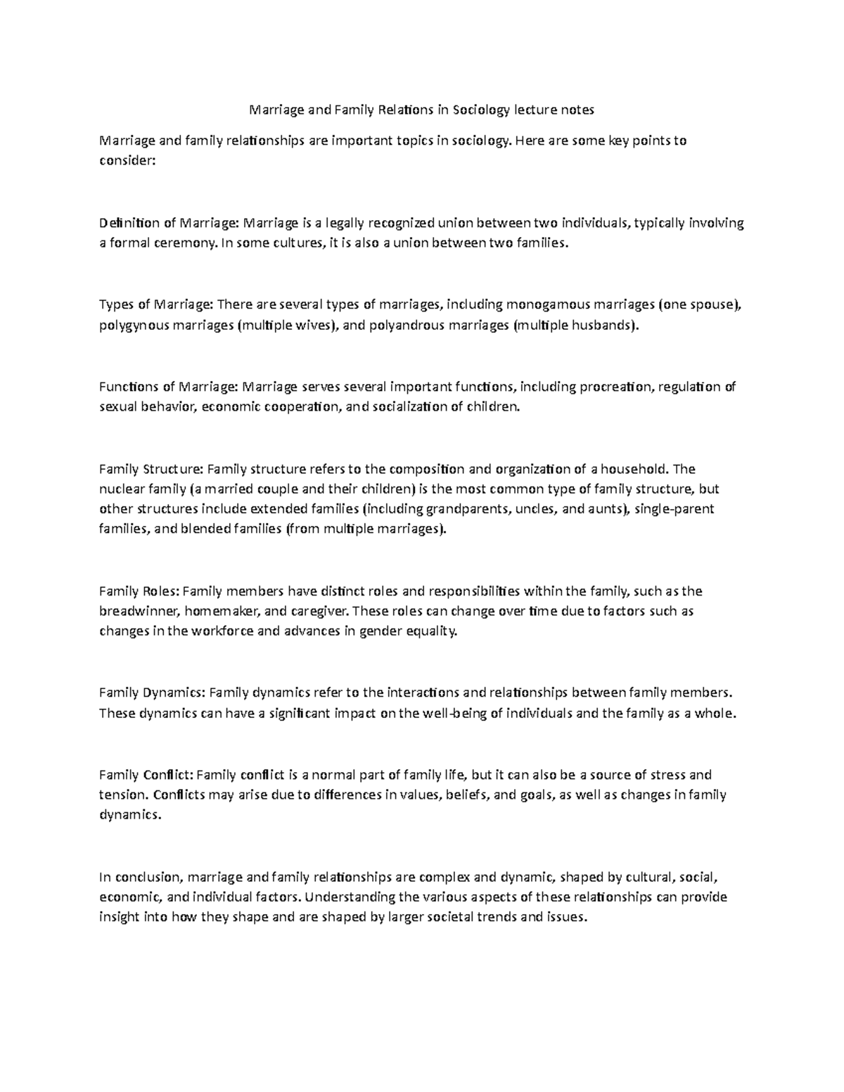 Marriage and Family Relations in Sociology lecture notes - Marriage and ...