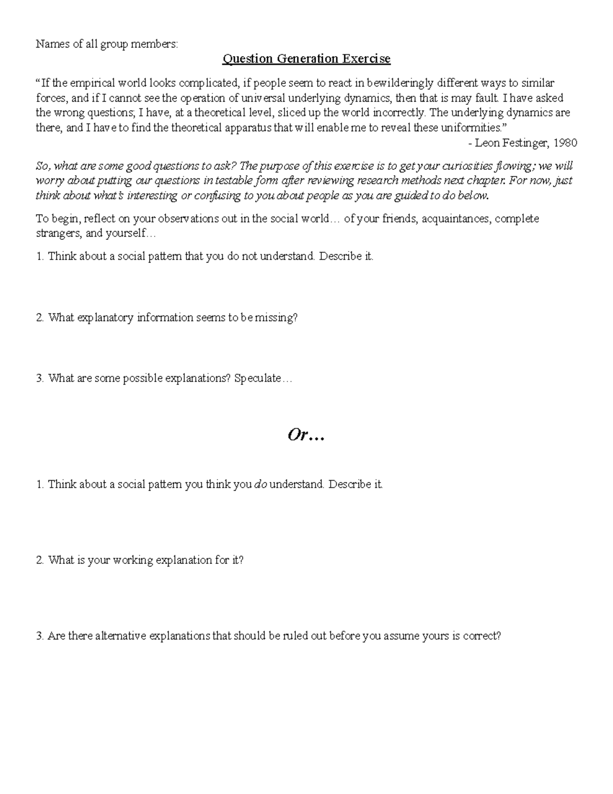 Question Generation Exercise - Names of all group members: Question ...