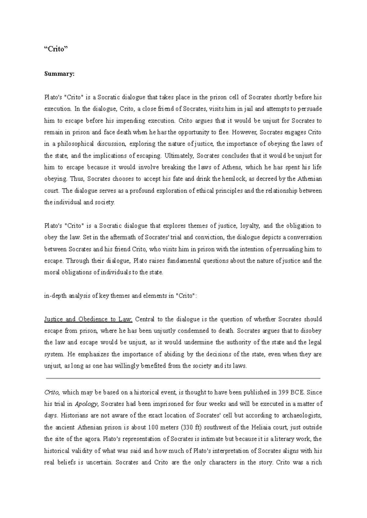 Plato's Crito - “Crito” Summary: Plato's "Crito" is a Socratic dialogue ...