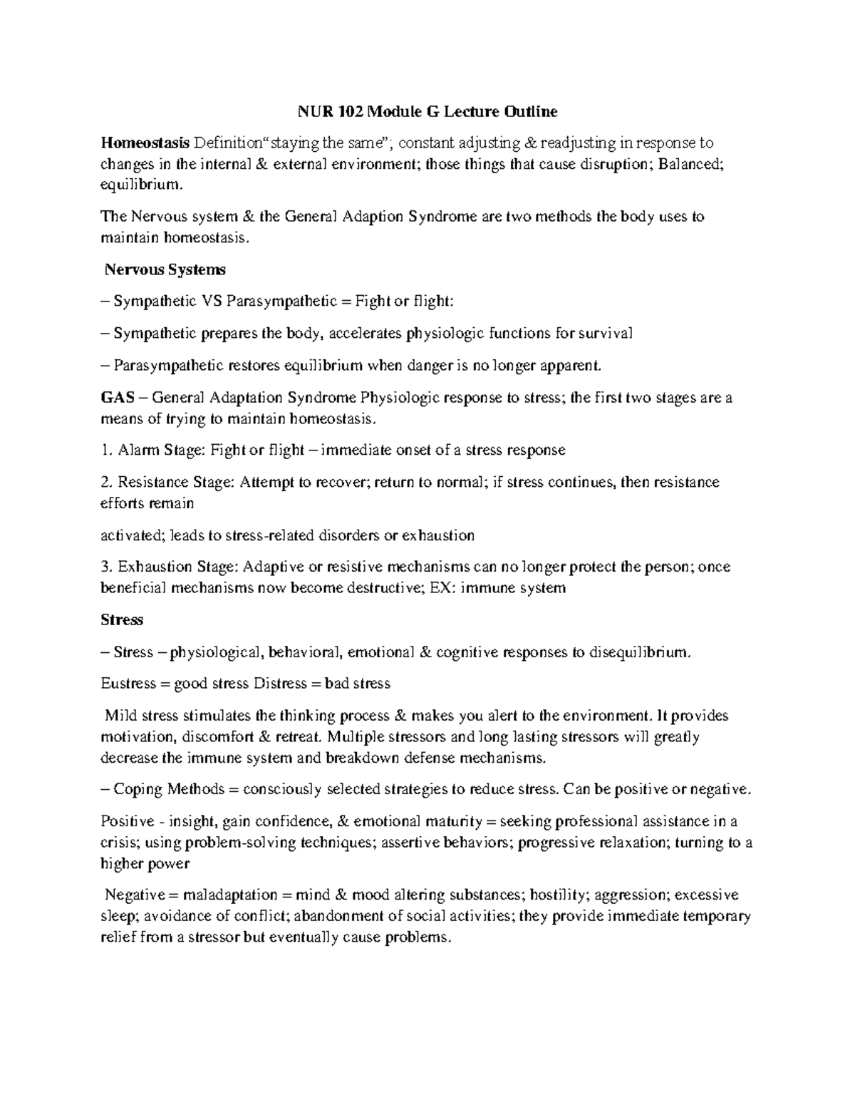 NUR 102 Module G Lecture Outline - NUR 102 Module G Lecture Outline ...