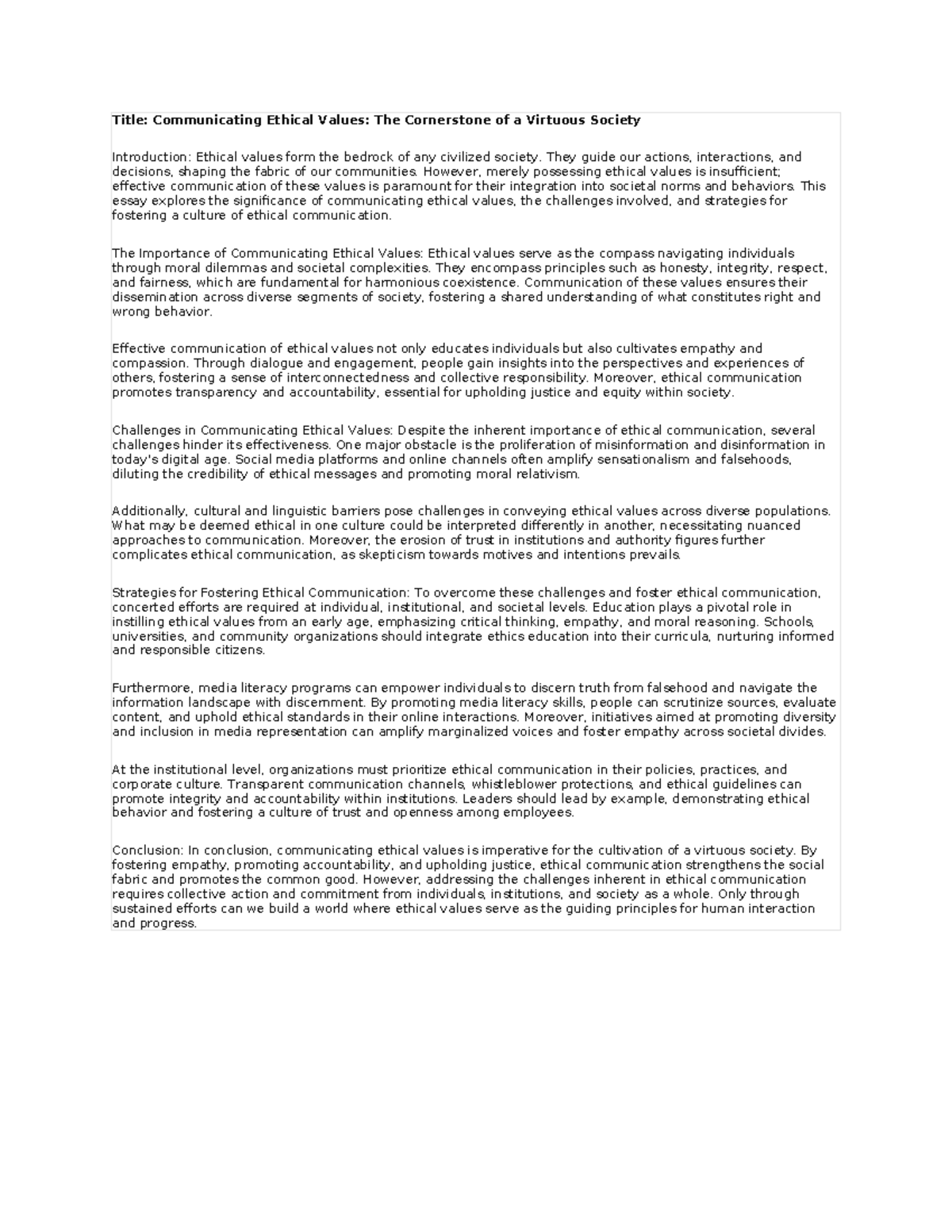 Communicating Ethical Values The Cornerstone of a Virtuous Society ...