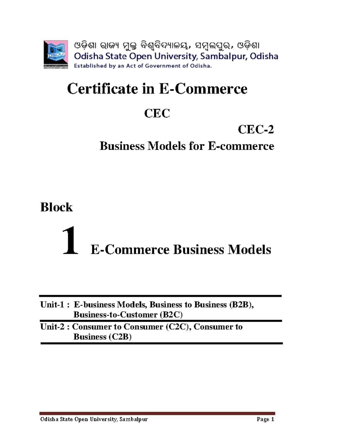 CEC 02 Block 01 - Certificate in E-Commerce CEC CEC- Business Models ...