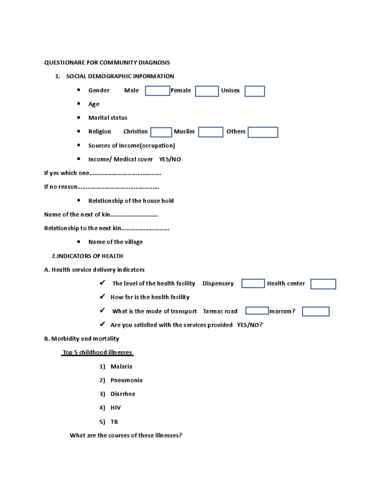 Questionare FOR Community Diagnosis - QUESTIONARE FOR COMMUNITY ...