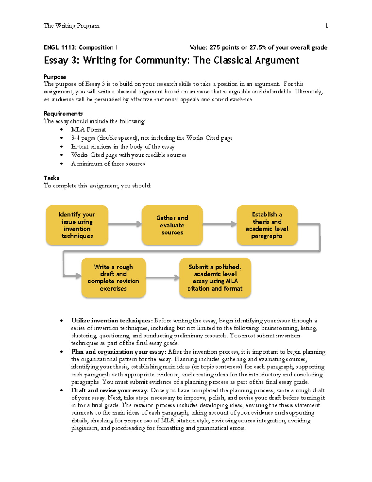 Essay Three Assignment Sheet The Writing Program 1 ENGL 1113