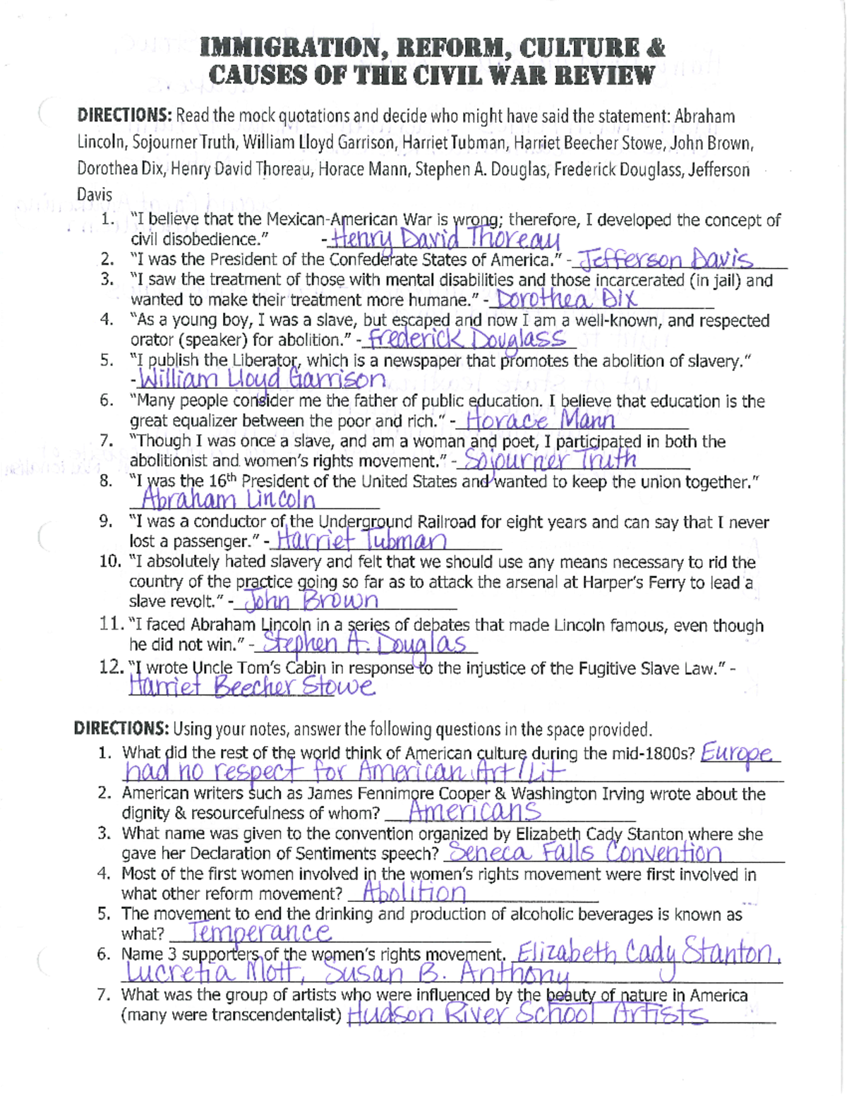 KEY-Reform and Sectionalism Test review - IMMIGRATION, REFORM, CULTURE ...