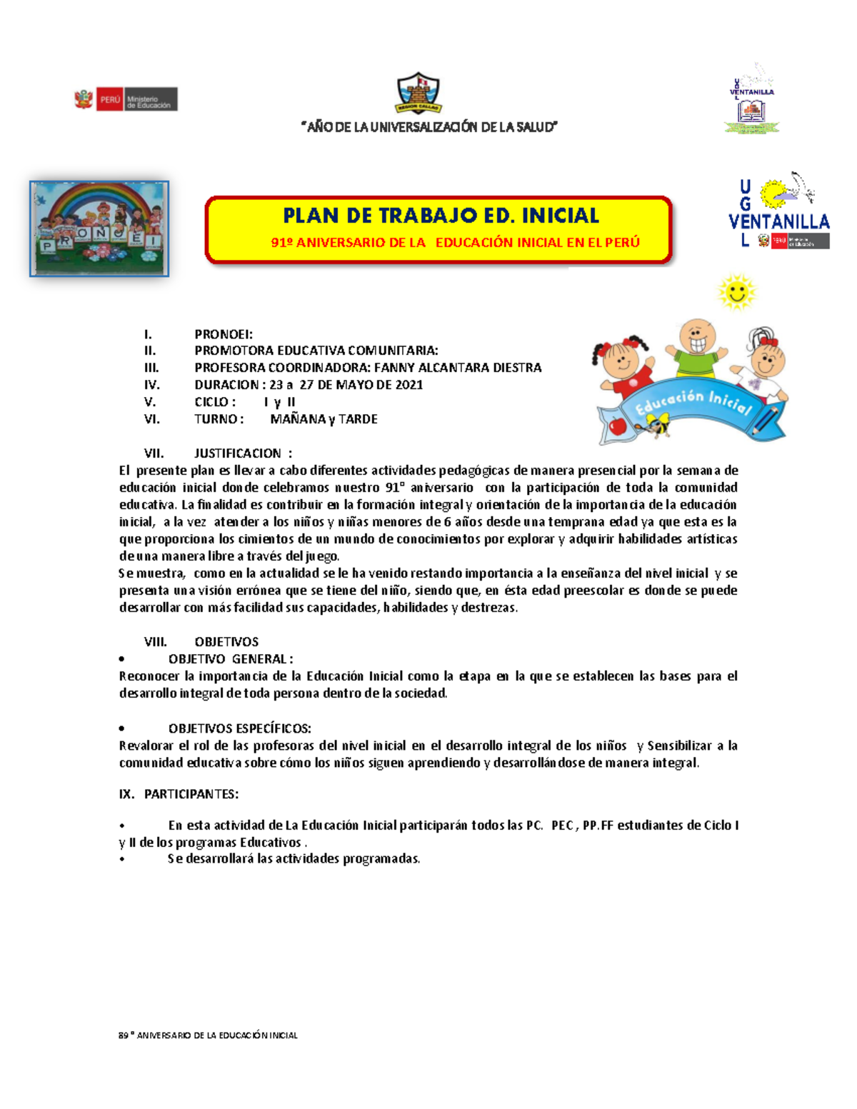 PLAN ED. Inicial 91° Aniversario Educación Inicial - PLAN DE TRABAJO ED ...