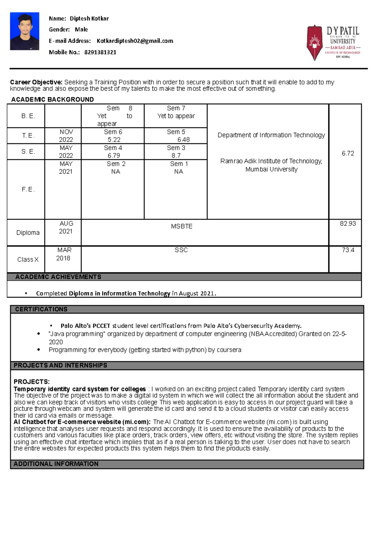 Diptesh resume - Career Objective: Seeking a Training Position with in ...