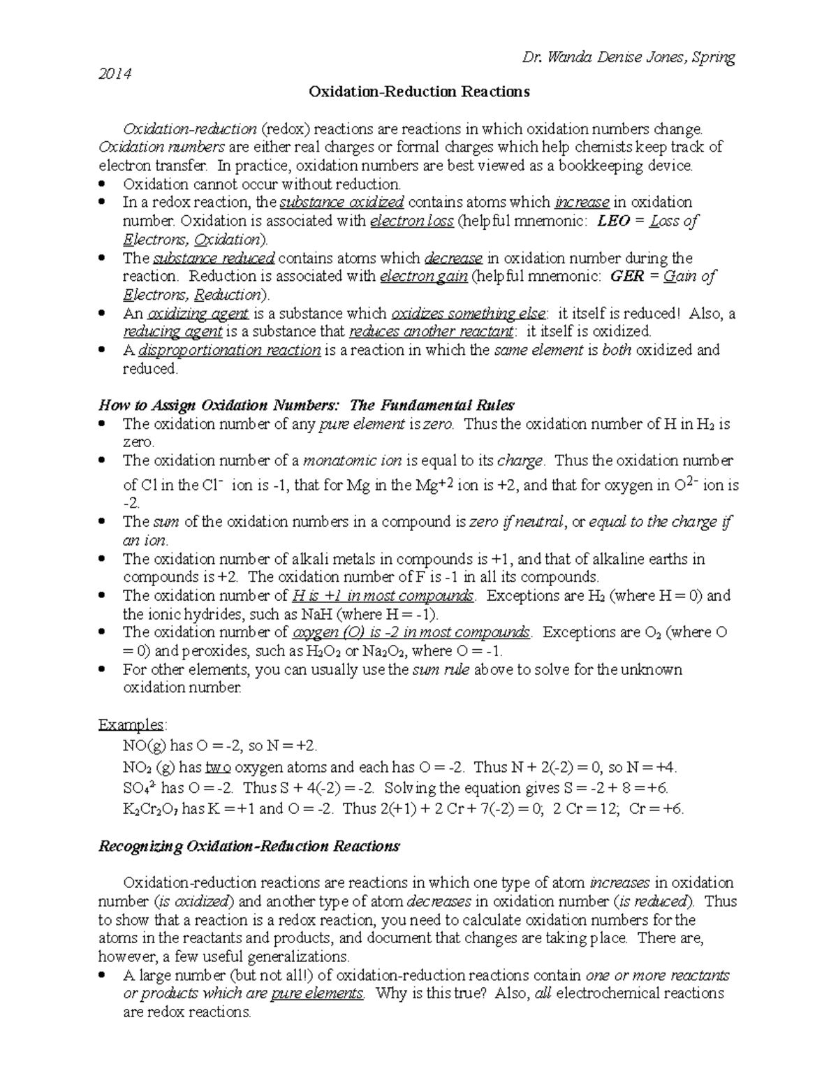 Redox Intro - worksheets for general chemistry class. - Dr. Wanda ...