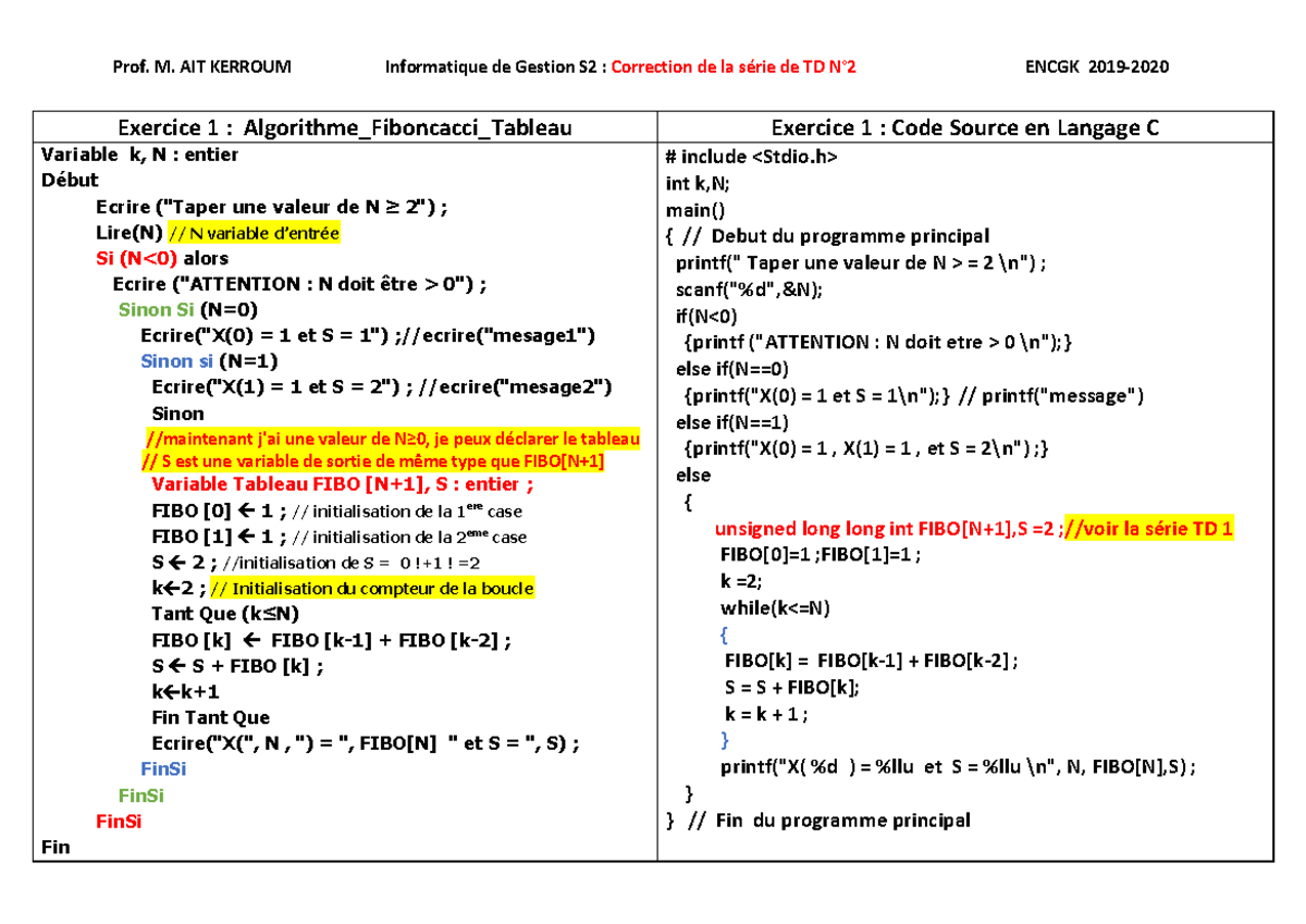 Correction TD 2 - Prof. M. AIT KERROUM Informatique de Gestion S2 : Correction de la série de TD ...