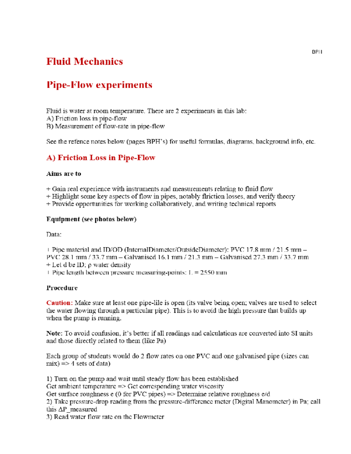 Pipe Flow Experiments - Calculate flow velocity V in pipe => Calculate ...
