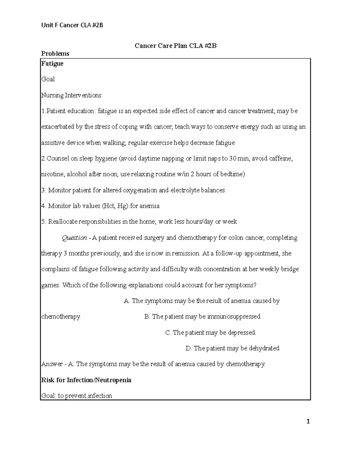 Cancer Care Plan - CLA #2B Answers - Cancer Care Plan CLA #2B Problems ...