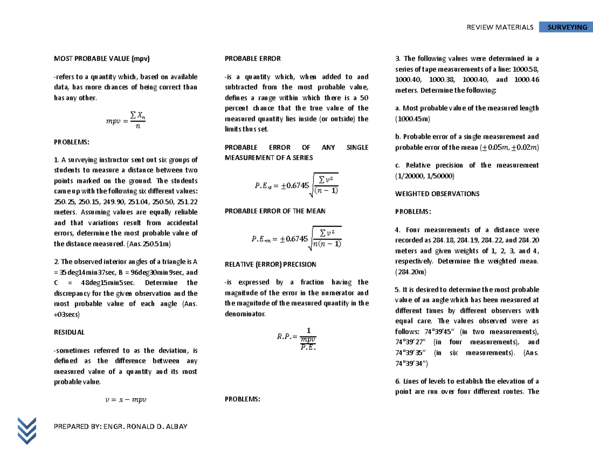 Surveying elem higher - MOST PROBABLE VALUE (mpv) refers to a quantity ...