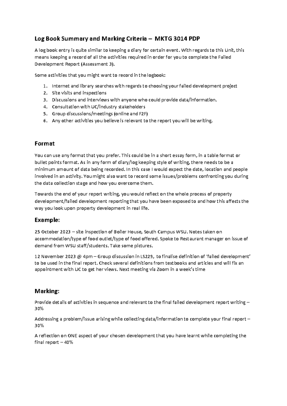 Log Book Info and Marking Criteria - Log Book Summary and Marking ...