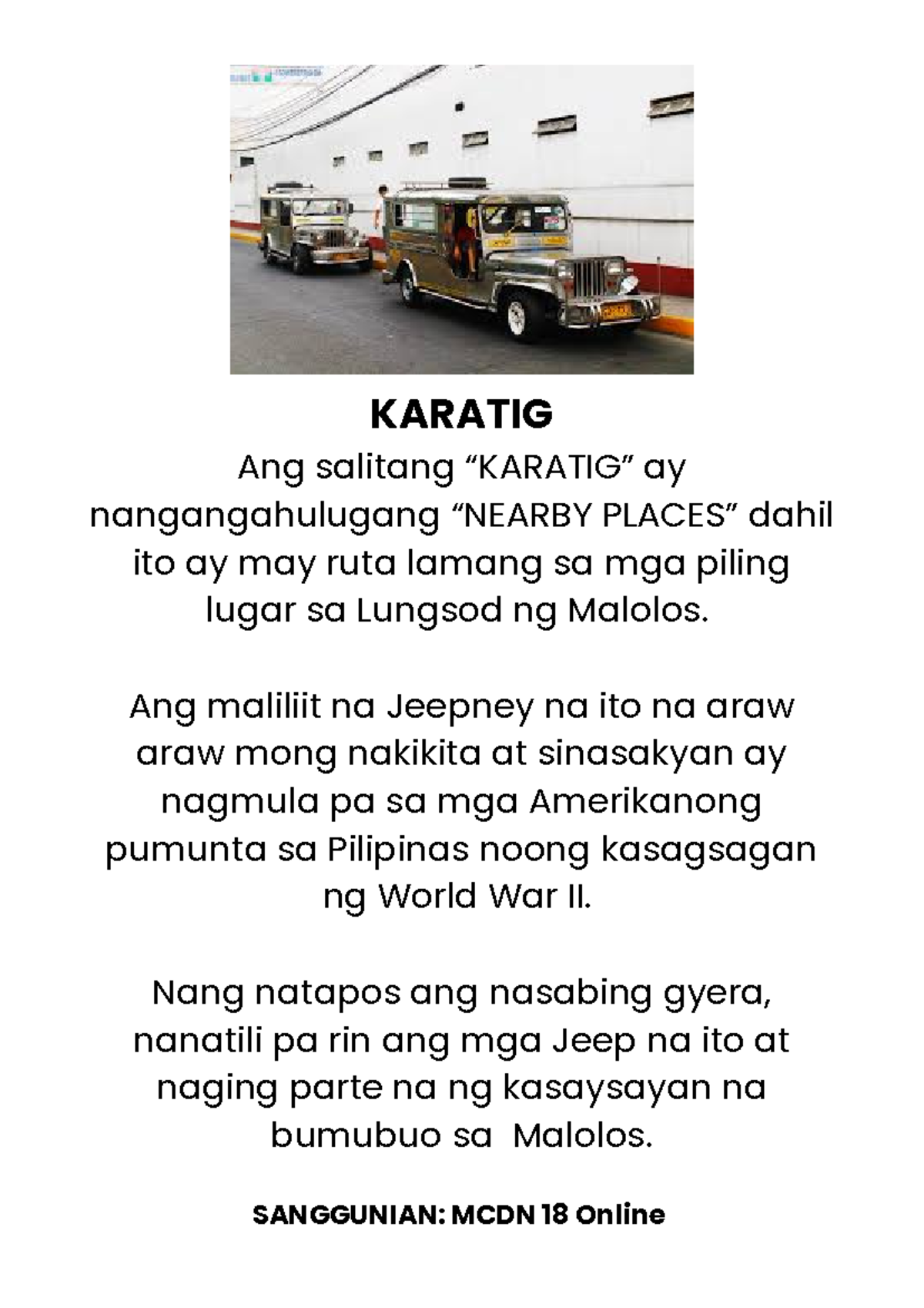 Karatig - maliliit na jeep ng malolos - KARATIG Ang salitang “KARATIG ...